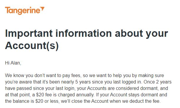 Tangerine Dormancy Bank Account Fees - Alan Yu